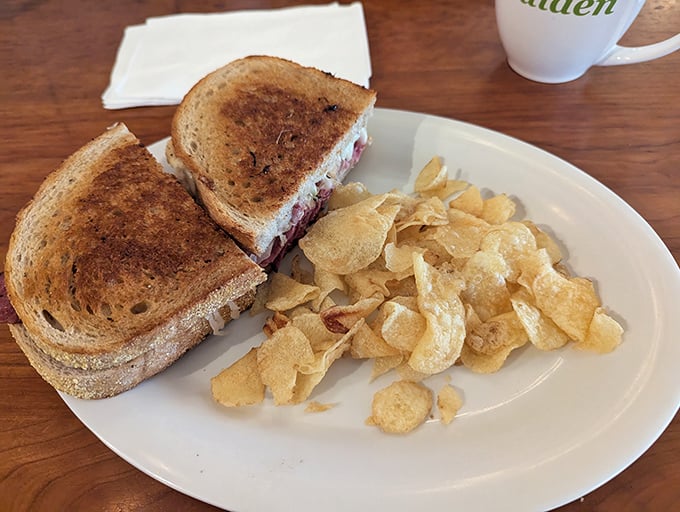 A sandwich so perfectly grilled it makes you wonder if it spent time at finishing school. Those chips aren't just sides—they're supporting actors.
