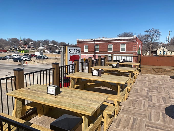 The rooftop dining area offers fresh air and views, though let's be honest – your eyes won't stray far from what's on your tray.