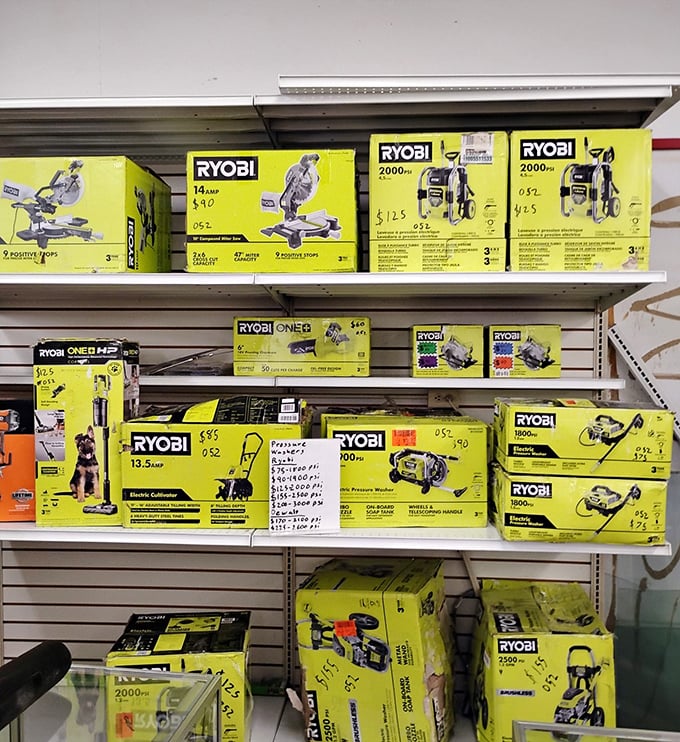 Tool paradise for weekend warriors. These yellow Ryobi boxes contain the power to start—though not necessarily finish—countless home improvement projects.