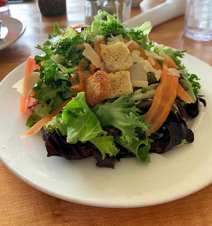 A salad that doesn't apologize for being healthy. Those crisp greens, carrots, and house-made croutons are having such a good time, you'll want to join the party.