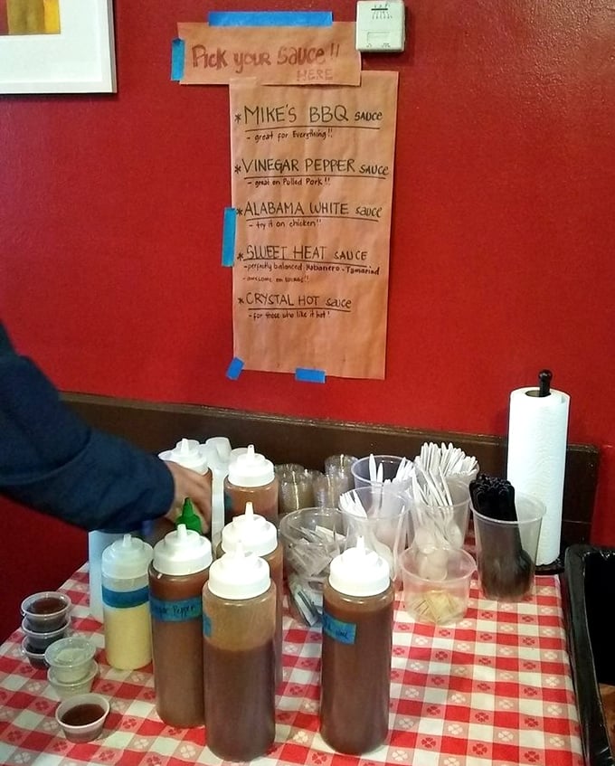 Those sauce bottles stand at attention like flavor soldiers, ready to enhance but never overpower the star attractions.