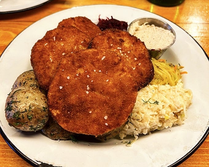 Apteka's schnitzel proves that breading and frying makes everything better—a golden-brown masterpiece that puts chicken-fried anything to shame.