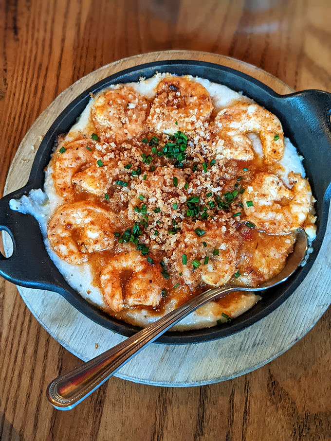 Shrimp and grits that would make a Southerner weep with joy—creamy, savory, and topped with enough breadcrumbs to make everything right in the world.