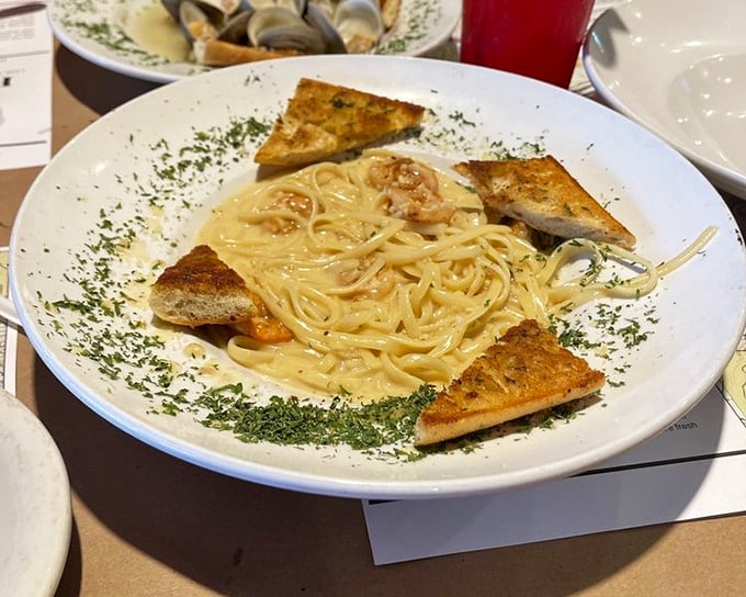 Shrimp linguine where pasta meets seafood in a creamy liaison that would make both Italian grandmothers and Georgia fishermen equally proud.
