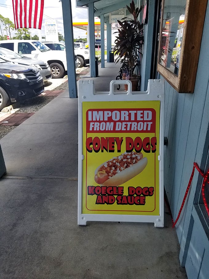 "Imported from Detroit" isn't just a sign—it's a declaration that authentic Coney dogs have found their rightful place in the Florida sun.