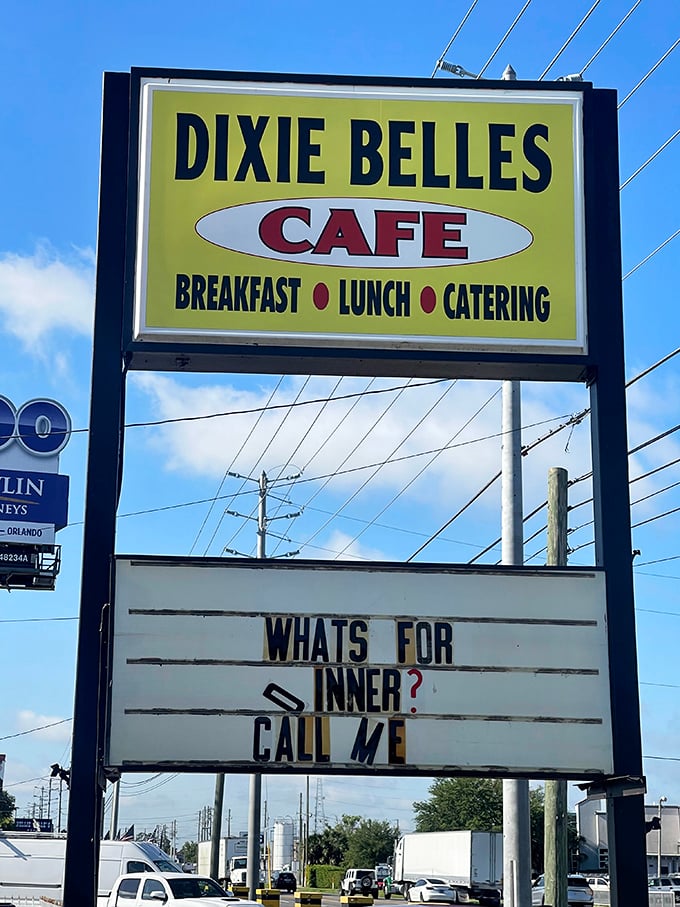 That roadside sign doesn't just advertise a restaurant—it promises a solution to hunger that theme park food could never satisfy.