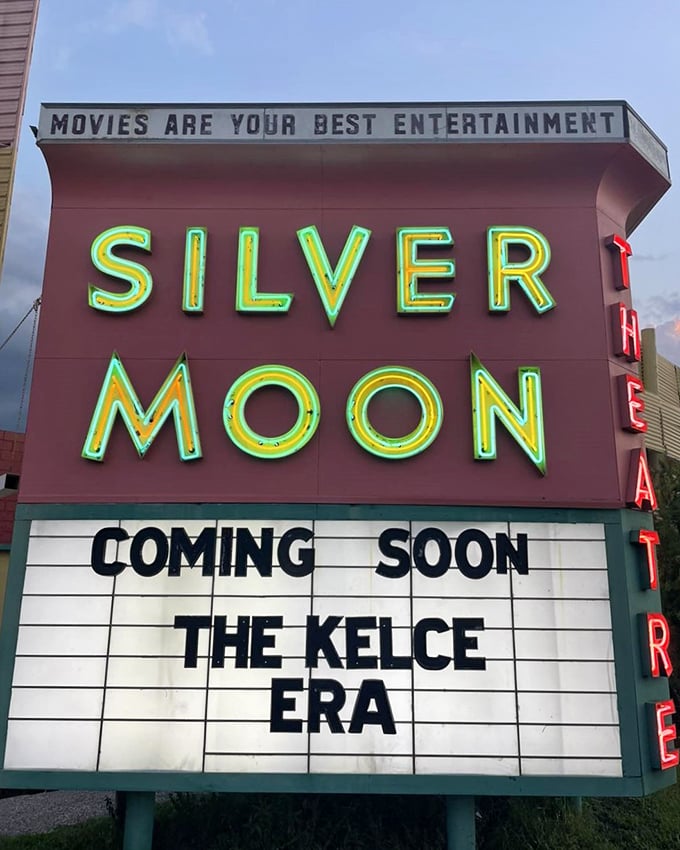 "Movies Are Your Best Entertainment"—the Silver Moon's glowing neon promise has remained true through decades of changing technology.