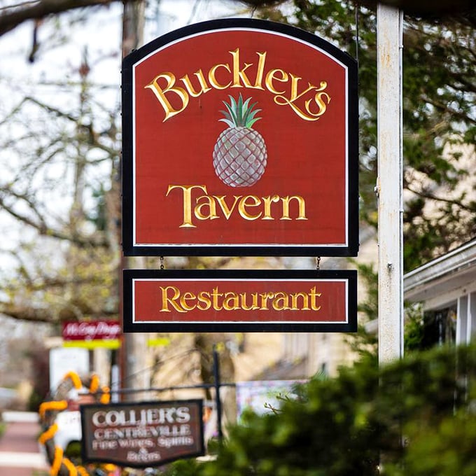 The iconic Buckley's sign with its pineapple – the universal symbol of hospitality – promising good things to those who enter.