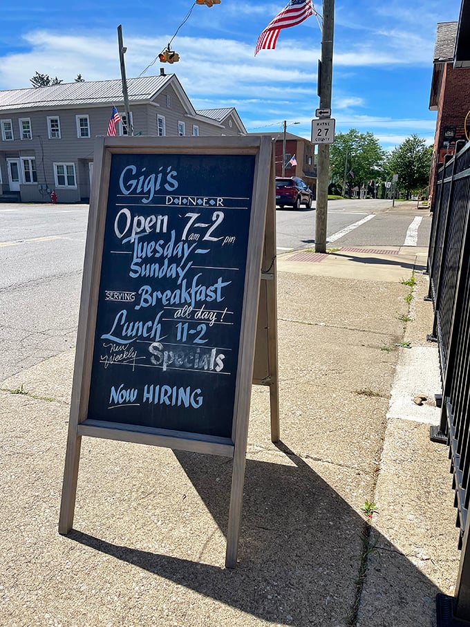 The sidewalk sign announces Gigi's hours like a town crier. "Breakfast all day" might be the three most beautiful words in the English language.
