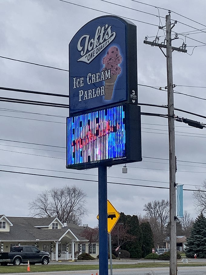 Toft's roadside sign stands as a beacon of hope for travelers and locals alike—ice cream salvation is just one turn away.