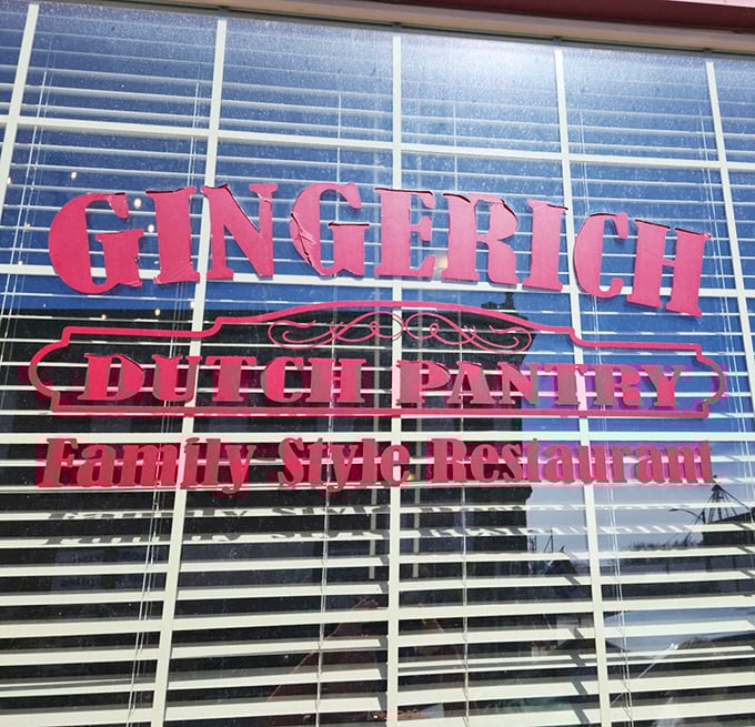 The red lettering announces "Gingerich Dutch Pantry" with the quiet confidence of a place that doesn't need to shout about its food—the locals do that for them. 