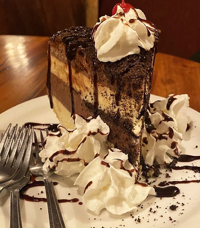 The Silver Saddle Mud Pie doesn't care about your diet plans. Layers of rebellion against restraint, topped with whipped cream defiance.