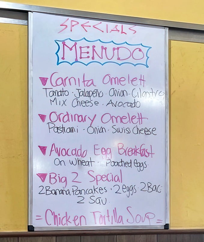 The specials board showcases creative breakfast options with a hint of Mexican influence – culinary cross-border diplomacy at its finest.