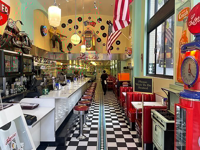 The diner's interior is a museum of Americana where the exhibits include vinyl, chrome, and enough nostalgia to fill a '57 Chevy.