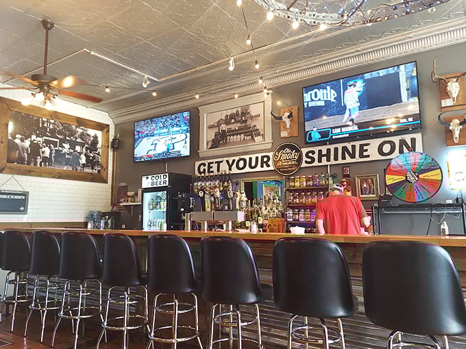 The bar area proves that beer and barbecue go together like Astaire and Rogers, only messier.