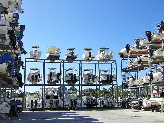 Boat storage that looks like a high-rise condo for vessels – proof that in Steinhatchee, boats often receive accommodations as nice as their owners.