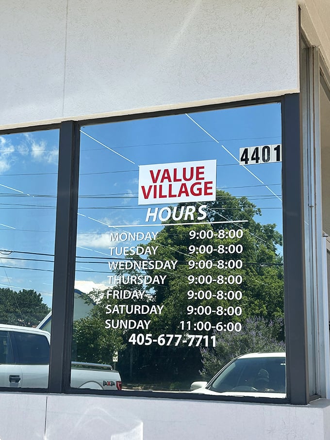 Store hours posted prominently—because knowing when to hunt for treasures is the first step in any successful thrifting expedition.