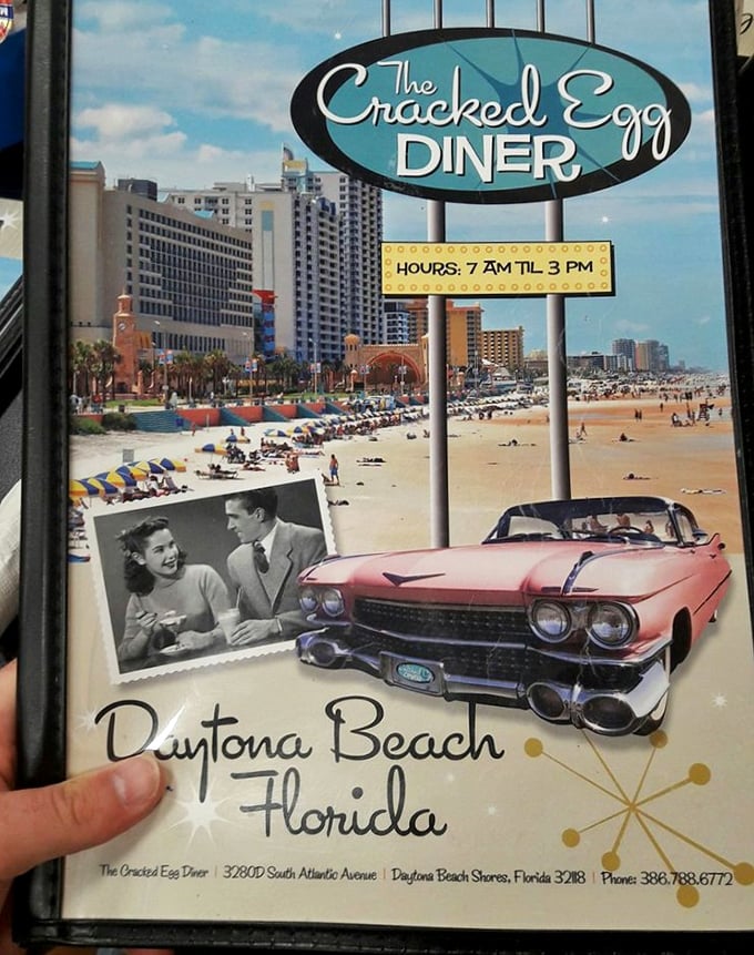 Hours posted with beach views—because nothing says "Florida breakfast" like palm trees and vintage cars in the background.
