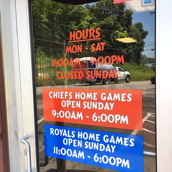 Even the hours sign shows priorities: closed Sundays unless the Chiefs or Royals are playing. Barbecue and sports – Kansas City's religion.