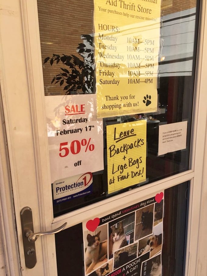 The store hours sign that reminds you this isn't just shopping—it's a mission. Those paw prints aren't just cute; they're the reason you're here.