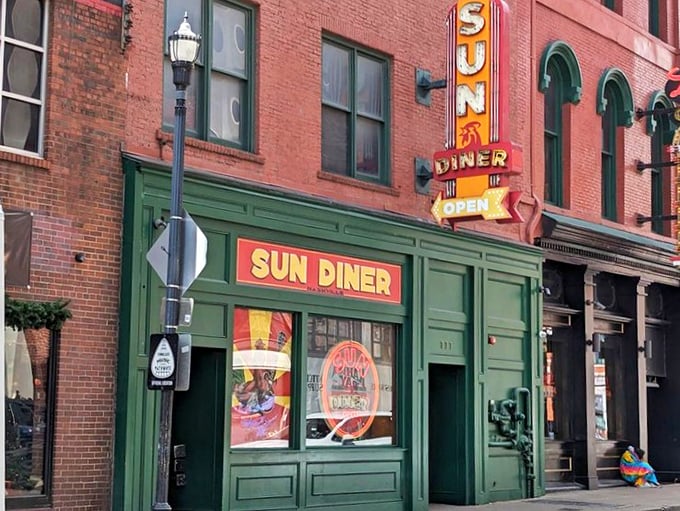Sun Diner's daytime facade shows off its vintage charm—a musical breakfast haven nestled among Nashville's historic downtown buildings.
