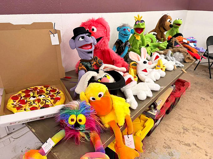 The puppet reunion nobody expected! These colorful characters sit patiently, waiting for someone to bring them back into the spotlight.