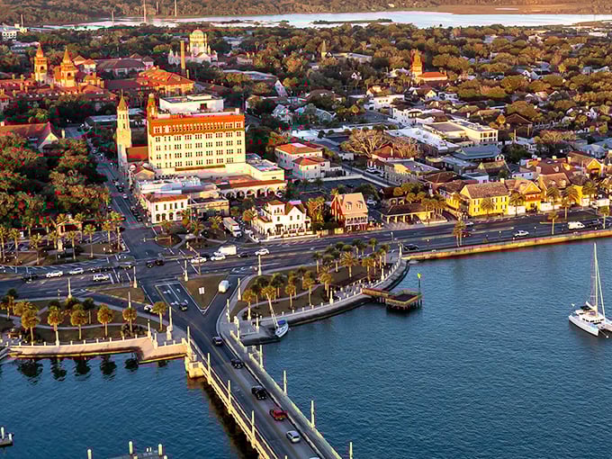 St. Augustine from above – where Spanish colonial history meets modern beach town in perfect coastal harmony.