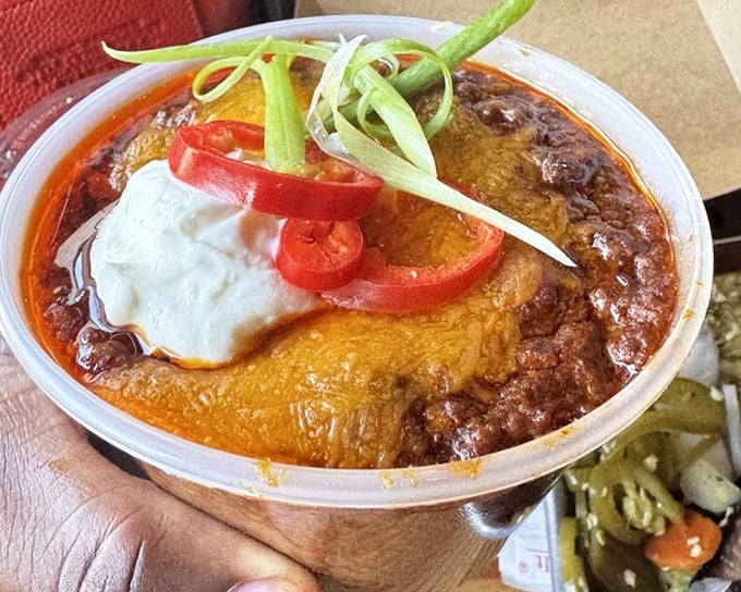 Texas chili that doesn't mess around. Rich, spicy, topped with cheese and sour cream – this is what winter afternoons were made for.