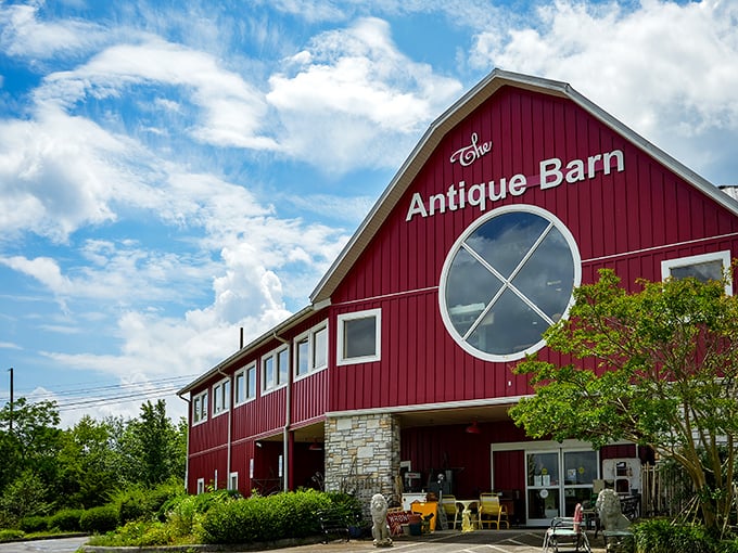 The Antique Barn's distinctive red facade houses treasures waiting to be discovered—like your grandmother's attic, but with better organization and price tags.