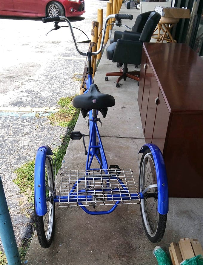 A blue tricycle awaits its next adventure, basket ready for treasures or imaginary cargo.