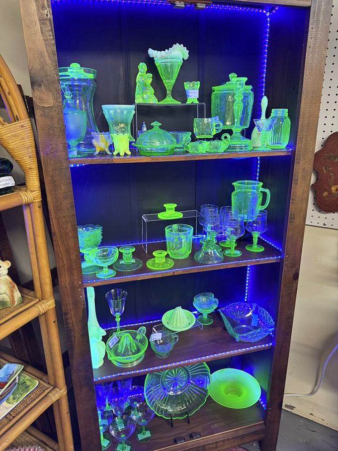 Under ultraviolet light, uranium glass reveals its otherworldly glow. Perfectly safe but spectacularly spooky—science and collecting beautifully combined.