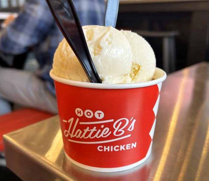 Ice cream in branded cups – because nothing says "I survived" like frozen dairy therapy.