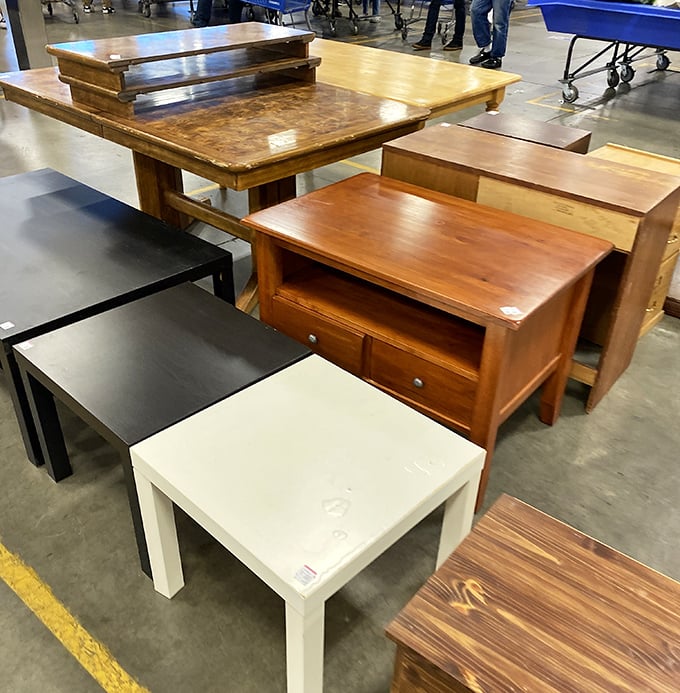 Coffee table heaven, where your perfect living room centerpiece awaits. That burl wood beauty would cost a fortune at an antique store.