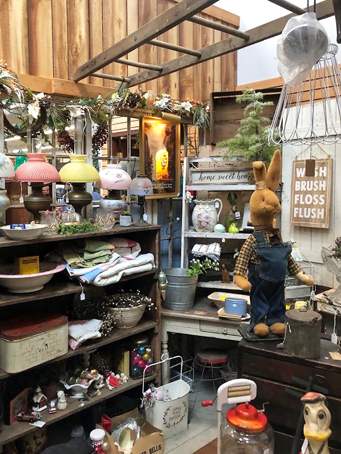 Vintage wonderland where nostalgia comes neatly arranged on rustic shelves – that rabbit alone has seen more history than most history books.
