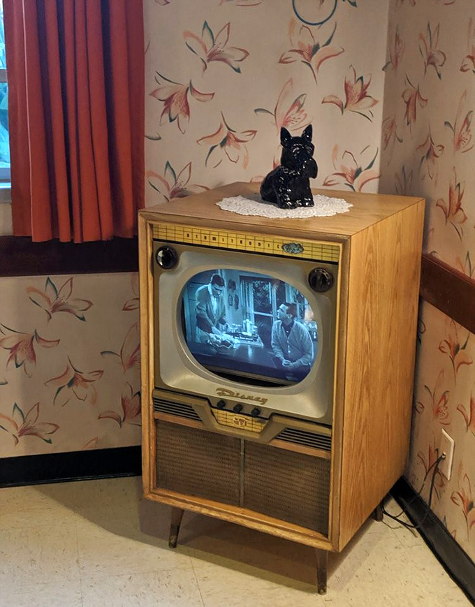 This isn't just a TV; it's a portal to simpler times. Complete with the obligatory ceramic dog on top that silently judges your viewing choices.
