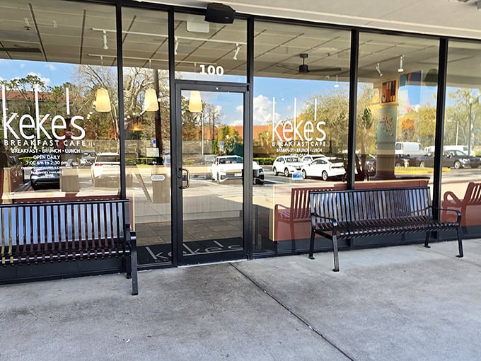 The entrance benches aren't just seating – they're the starting line for what locals know is a breakfast sprint worth every minute of the wait.