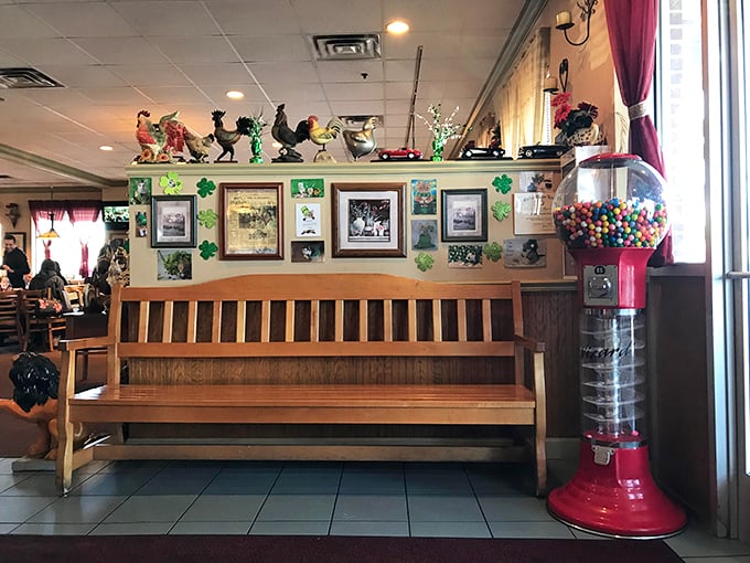 The waiting area bench—where anticipation builds and strangers become temporary friends united by the promise of pancakes.