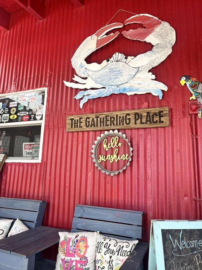 "The Gathering Place" indeed. This blue crab artwork watches over diners like the patron saint of seafood seekers in the Everglades.