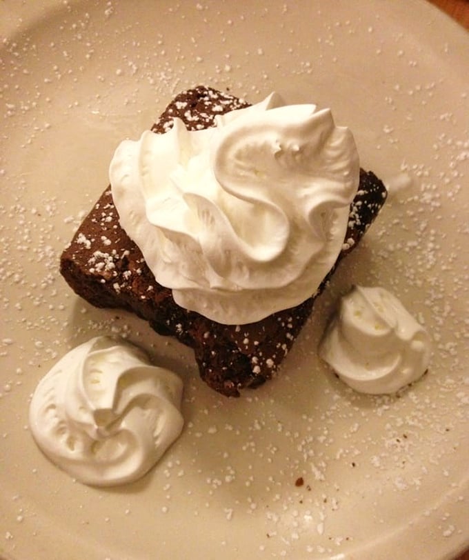 This brownie isn't just warm – it's having a full-on romance with that cloud of whipped cream. Powdered sugar plays matchmaker.