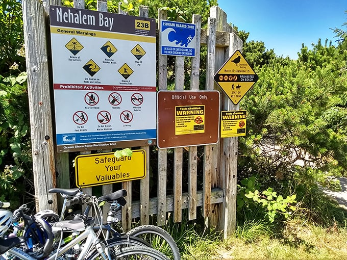 The warning signs collection—where the park politely suggests that nature, while beautiful, isn't always interested in your survival.