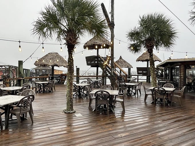 Thatched umbrellas and waterfront tables create the quintessential Florida dining experience—where the view competes with the food for your attention.