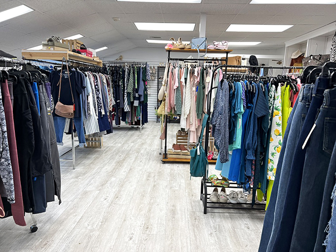 Organized chaos at its finest—racks of possibility where jeans, dresses, and blouses wait patiently for their "you had me at hello" moment.