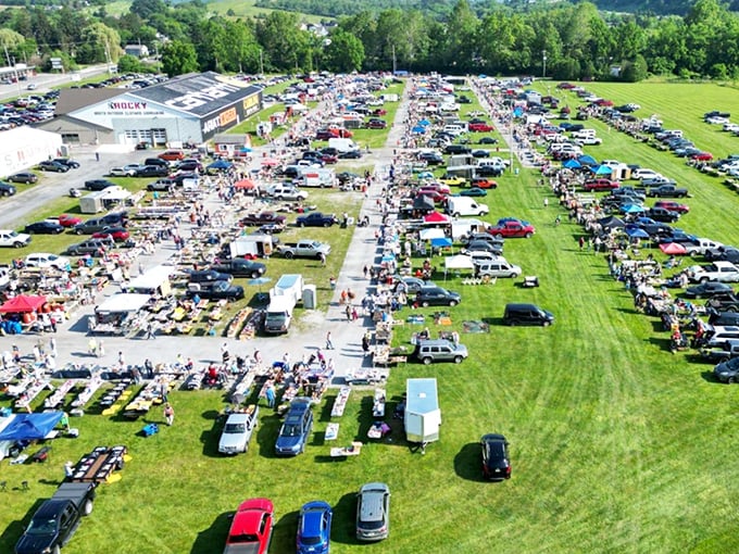From above, Leighty's reveals its true scale – a small city of vendors and vehicles united in the pursuit of deals.