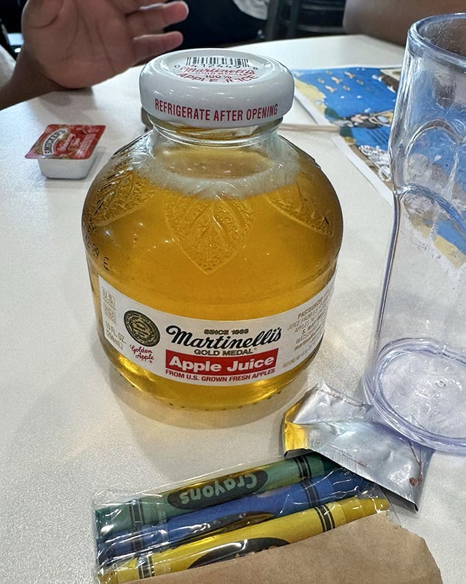 Martinelli's apple juice—the nostalgic amber elixir that somehow tastes exactly like childhood memories in liquid form.