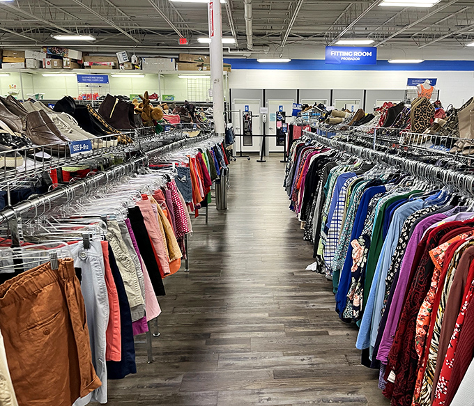 Racks of clothing stretching toward the horizon—a textile rainbow organized by size, not price point or pretension.