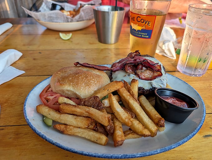 Not all heroes wear capes – some come on blue-rimmed plates with hand-cut fries. This burger proves The Cove excels beyond its famous fish.