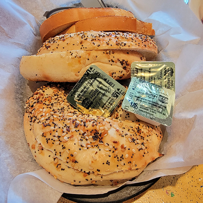 These aren't just bagels—they're edible time machines to Brooklyn, complete with those little packets of butter that somehow taste better than regular butter.