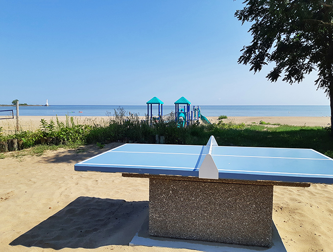 Beach ping-pong with a lake view—because regular ping-pong wasn't already challenging enough without the distraction of paradise.