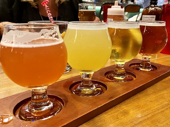 A flight of beers lined up like eager contestants in a beauty pageant. Each one ready to be the perfect dance partner for smoked meat.