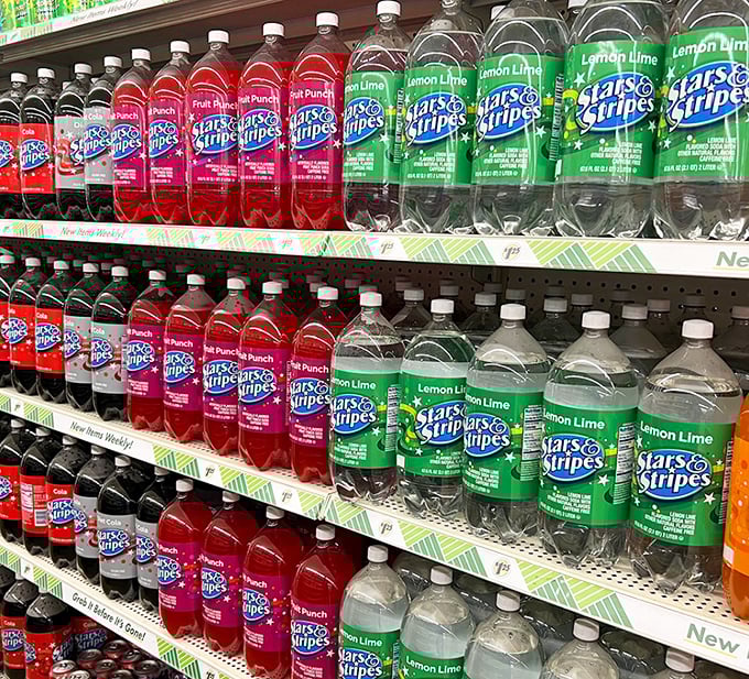 The beverage aisle—where Stars & Stripes sodas stand at attention, ready to quench thirsts without draining wallets.